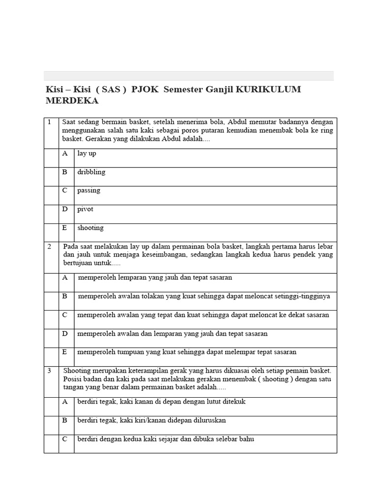 Kisi Kisi Soal Pjok Kelas XI | PDF