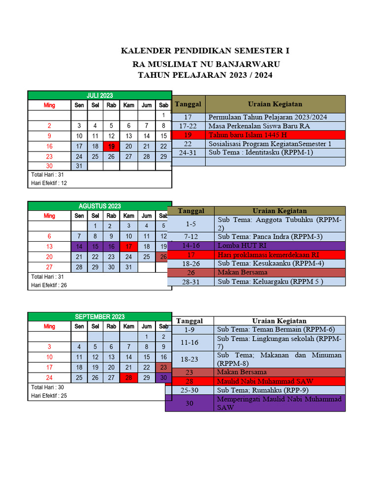 Kalender Pendidikan Semester I Ra Muslimat Nu Banjarwaru Tahun ...