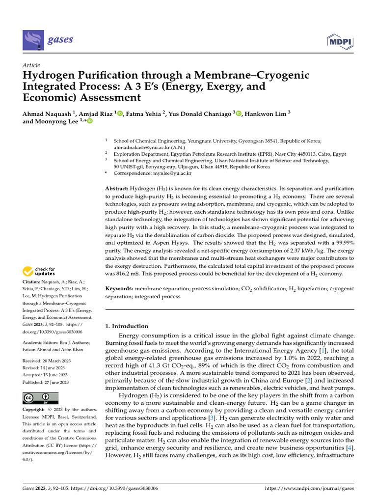Hydrogen Purification Through A Membrane-Cryogenic Integrated Process A ...