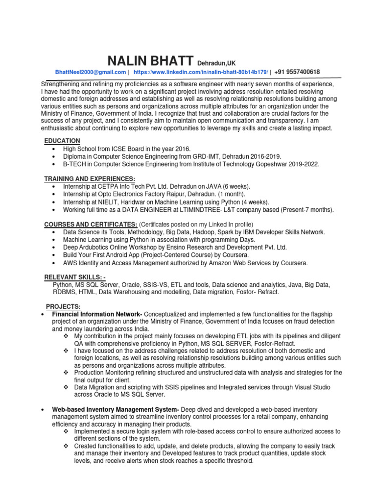 Nalin Bhatt: Data Engineer Resume | PDF | Databases | Microsoft Sql Server