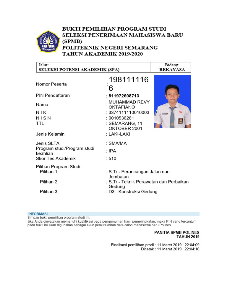 Bukti Pemilihan Program Studi | PDF