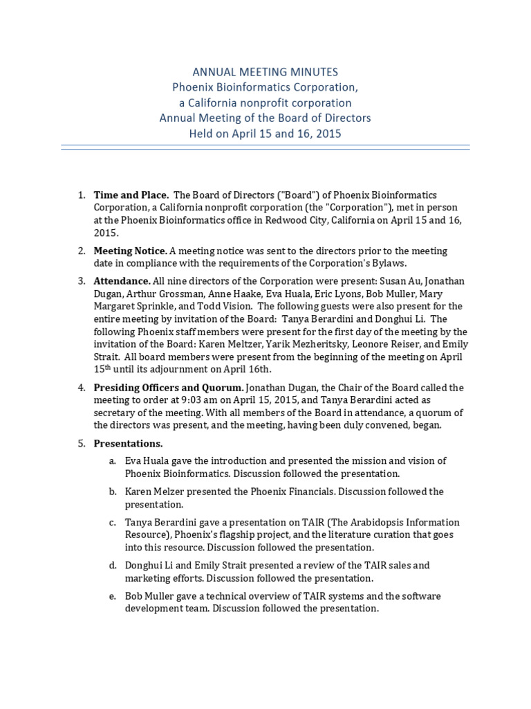 Annual Corporate Meeting Minutes Template | PDF