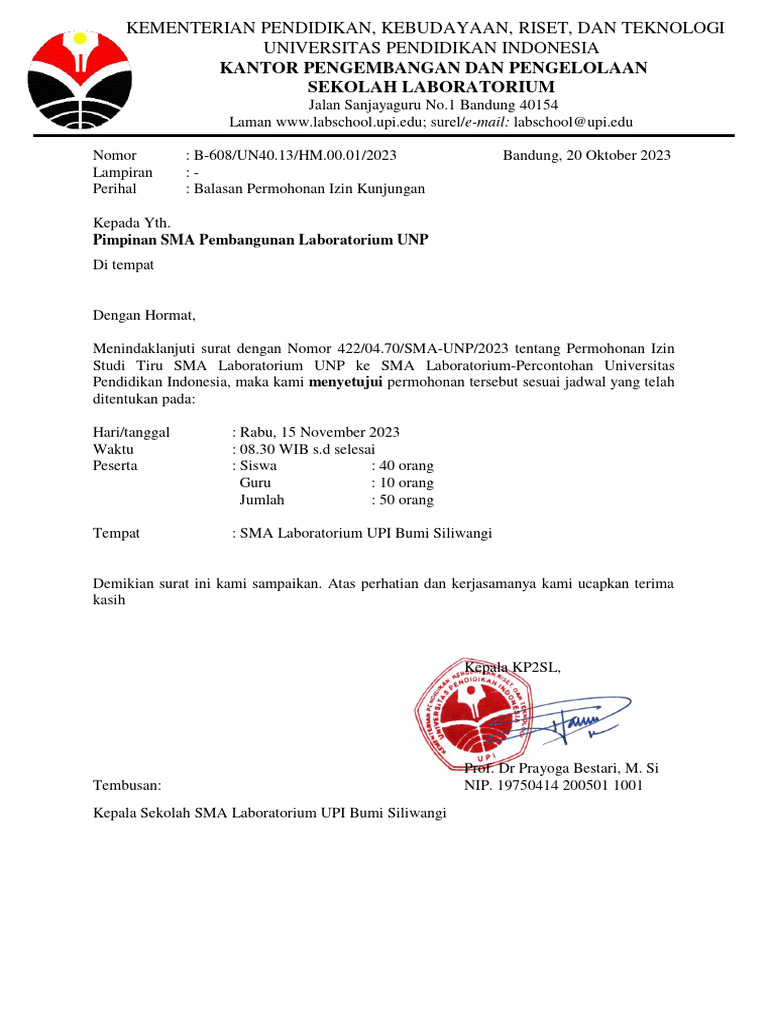 Surat Balasan Permohonan Kunjungan SMA Lab UNP | PDF Surat Balasan Permohonan Kunjungan SMA Lab UNP | PDF