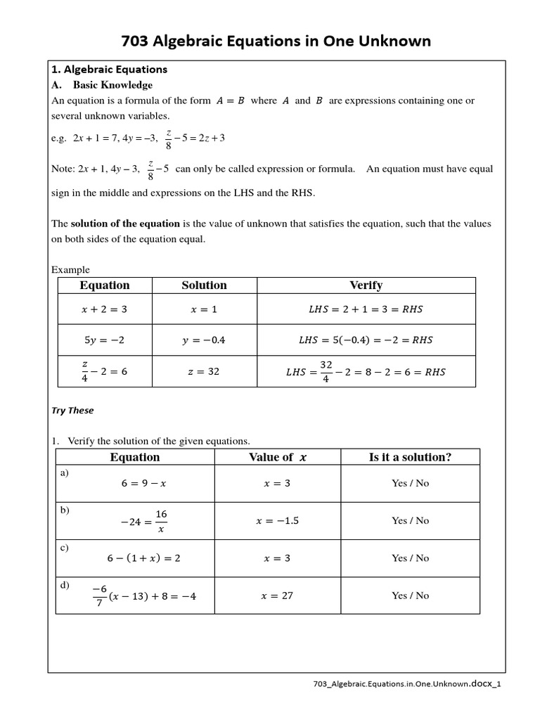 703 Algebraic - Equations.in - One.Unknown | PDF | Equations | Applied ...