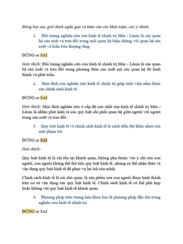 80 CÂU HỎI ĐÚNG SAI MÔN KTCT | PDF