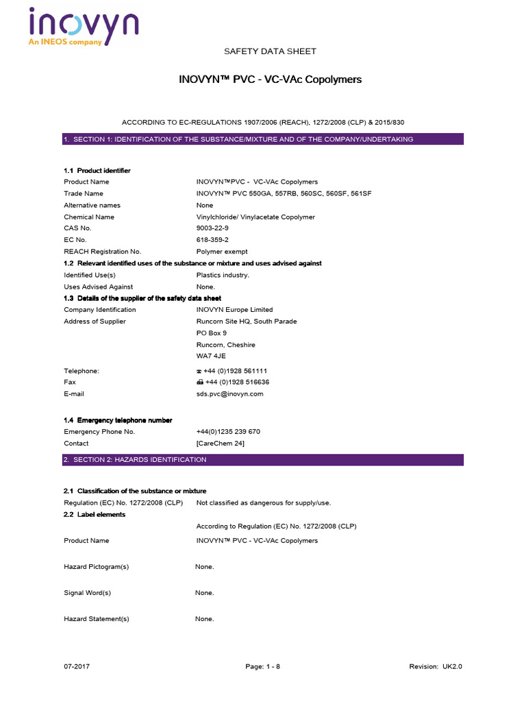 MSDS INOVYN PVC - VC-VAc Copolymers - UK02.0 | PDF | Toxicity | Combustion