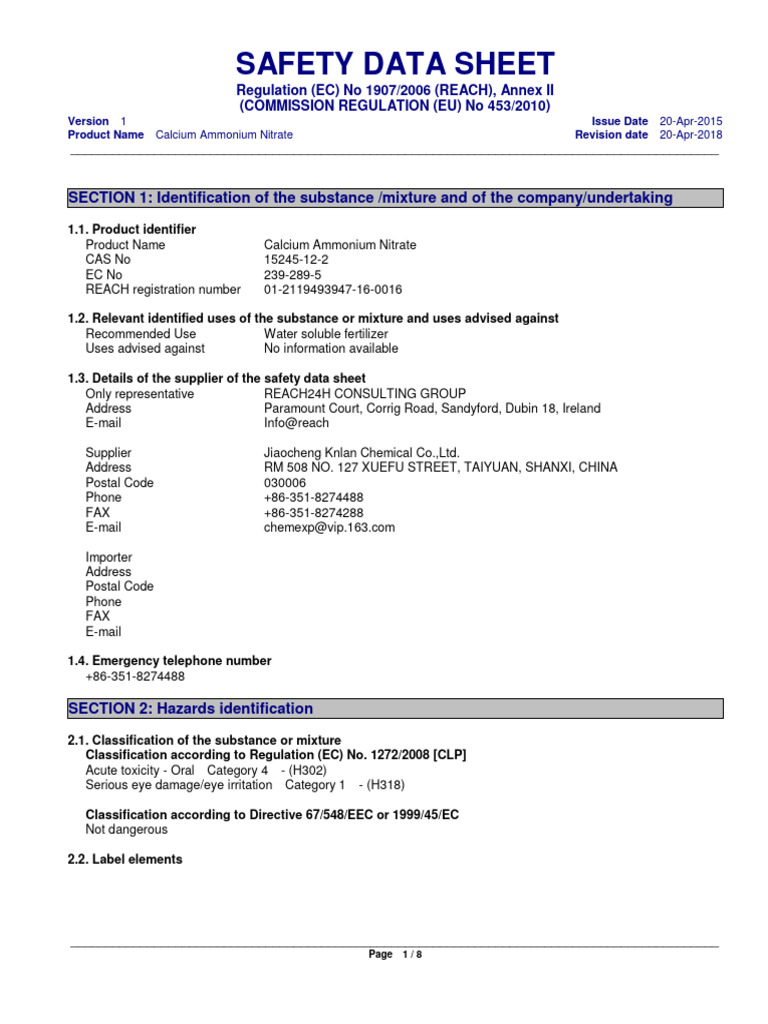 MSDS Calcium Ammonium Nitrate | Download Free PDF | Firefighter ...