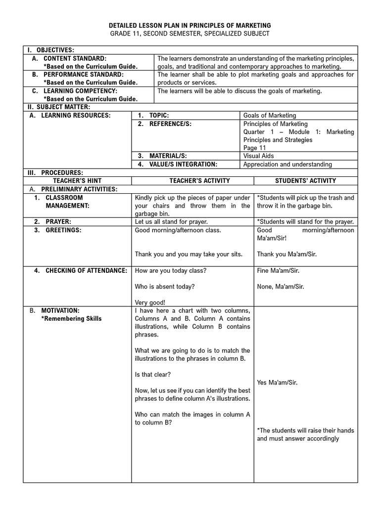 Grade 11 Marketing Lesson Plan | PDF | Entrepreneurship | Lesson Plan