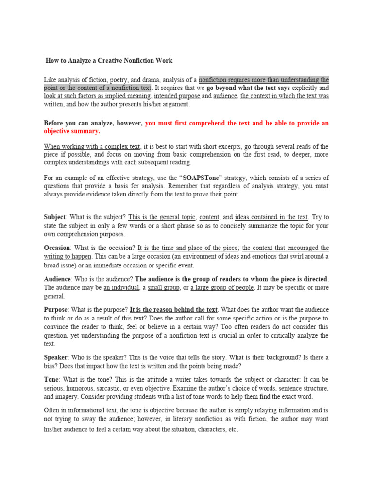 How To Analyze A Creative Nonfiction Work | PDF | Reading Comprehension ...