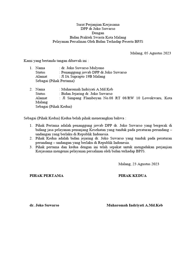 Surat Perjanjian Kerjasama Bidan | PDF | Hukum