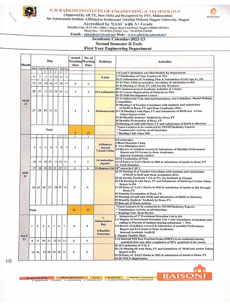 B.Tech - Second Semester Academic Calendar 2022-23 | PDF