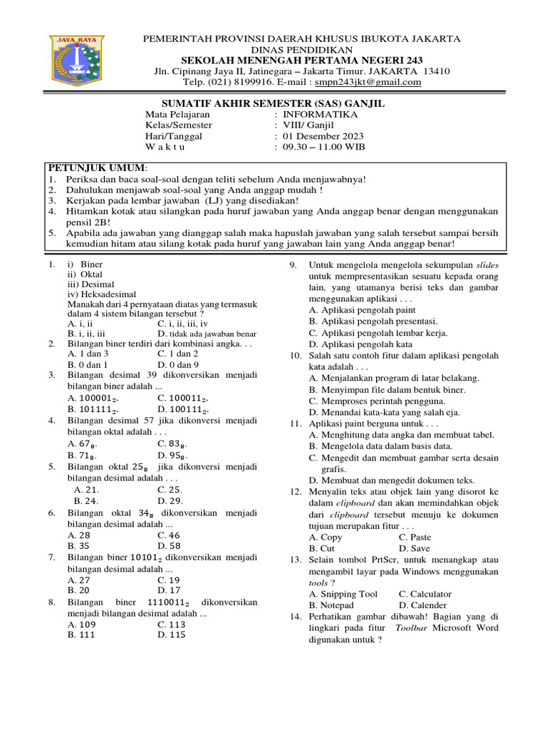 Sas Informatika Ganjil Kelas 8 T.A 2023-2024 | PDF
