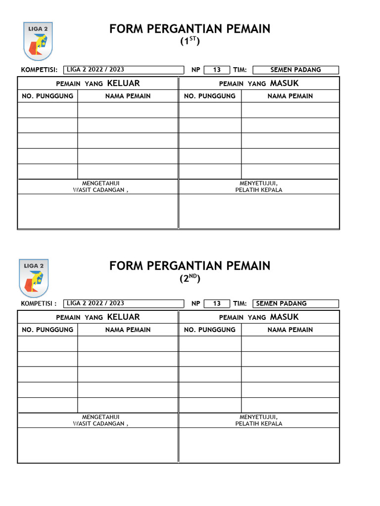 Form Penggantian Pemain Liga 2 2022 | PDF