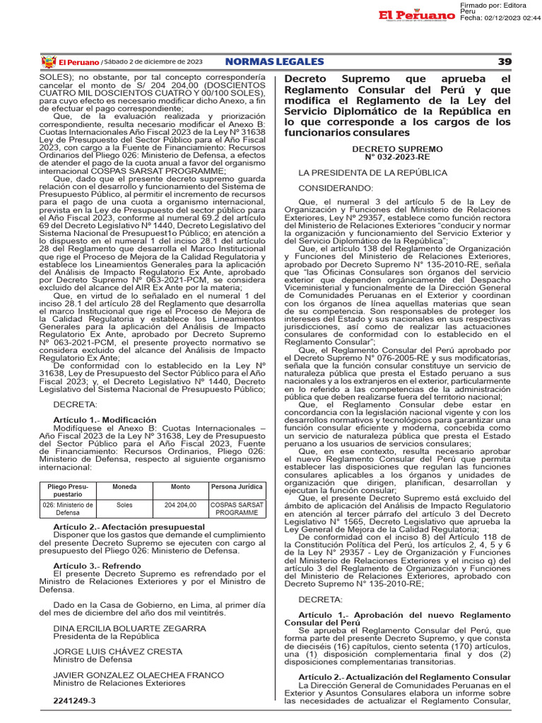 Normas Legales: Decreto Supremo #032-2023-RE | PDF | Cónsul (representante) | Diplomático