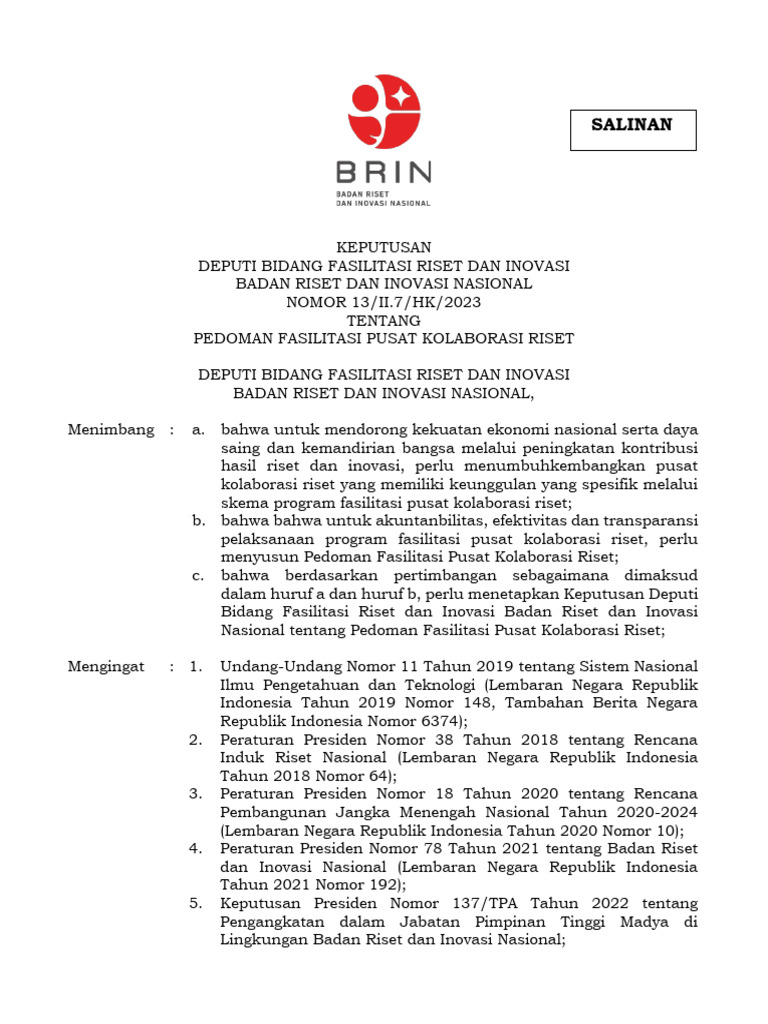 Pedoman Fasilitasi Pusat Kolaborasi Riset BRIN | PDF