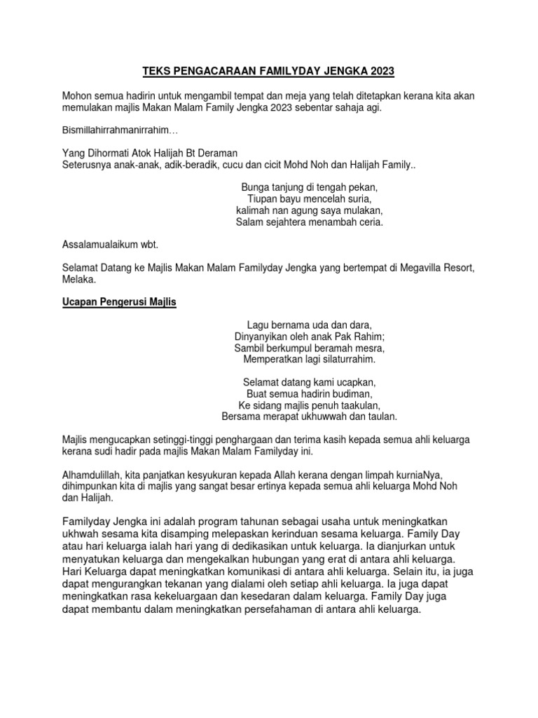 Teks Pengacaraan Familyday Jengka 2023 | PDF