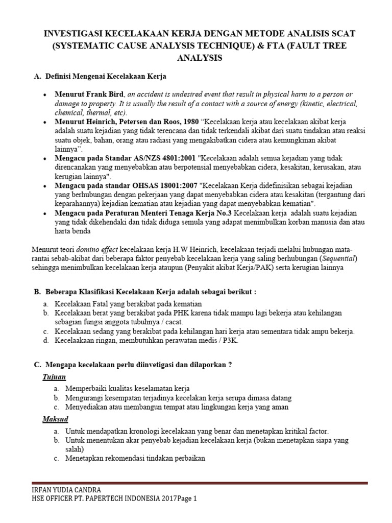 Investigasi Kecelakaan Kerja Dengan Metode Analisis Scat & Fta | PDF ...