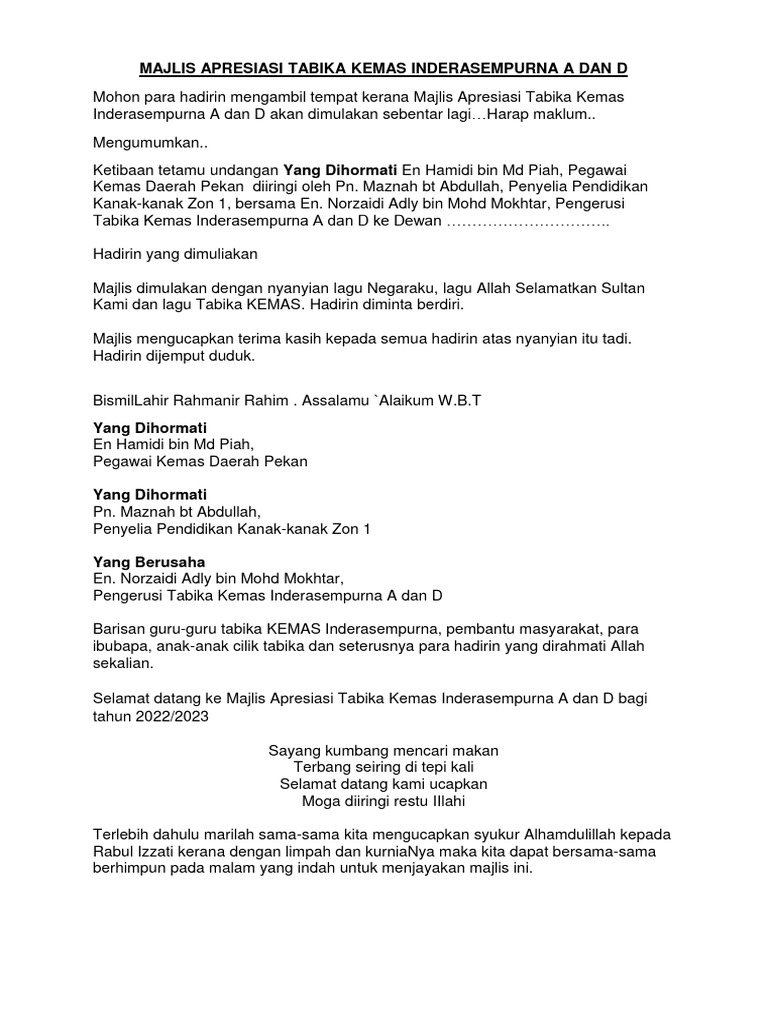 Teks Majlis Apresiasi Tabika Kemas Inderasempurna A Dan D | PDF
