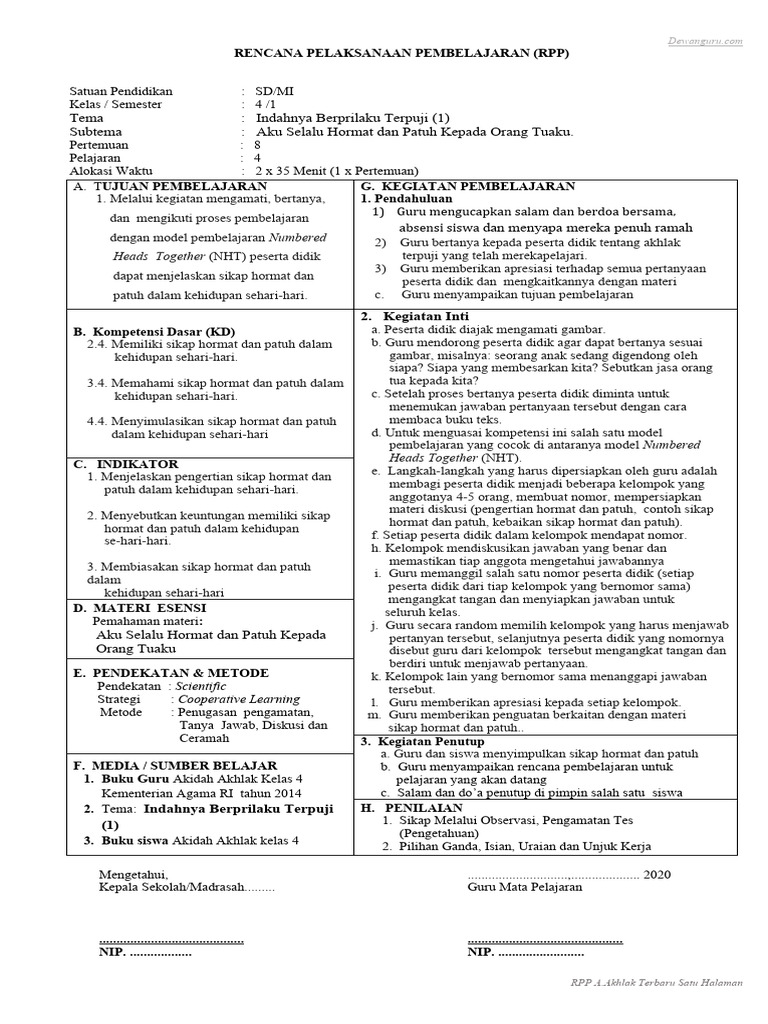 RPP Akidah Akhlak Kelas 4 Semester 1 Pelajaran 4 | PDF