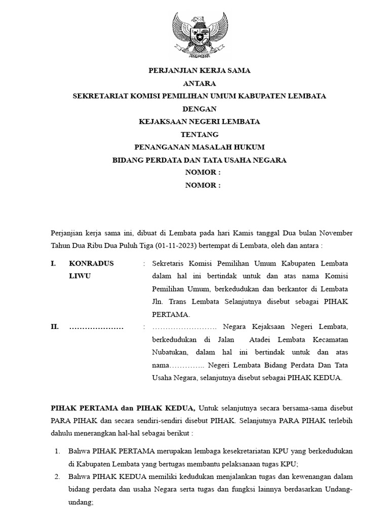 Perjanjian Kerjasama Penanganan Masalah Hukum Bidang Perdata Dan Tata ...
