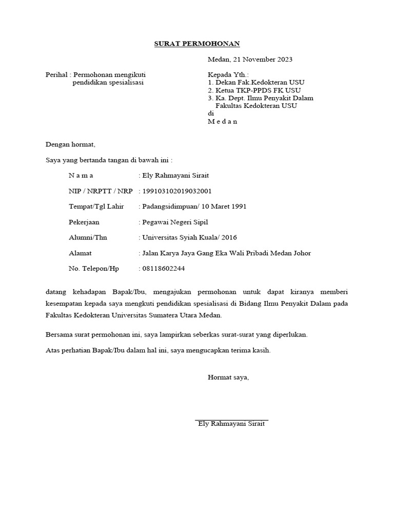 Surat Permohonan PPDS USU | PDF