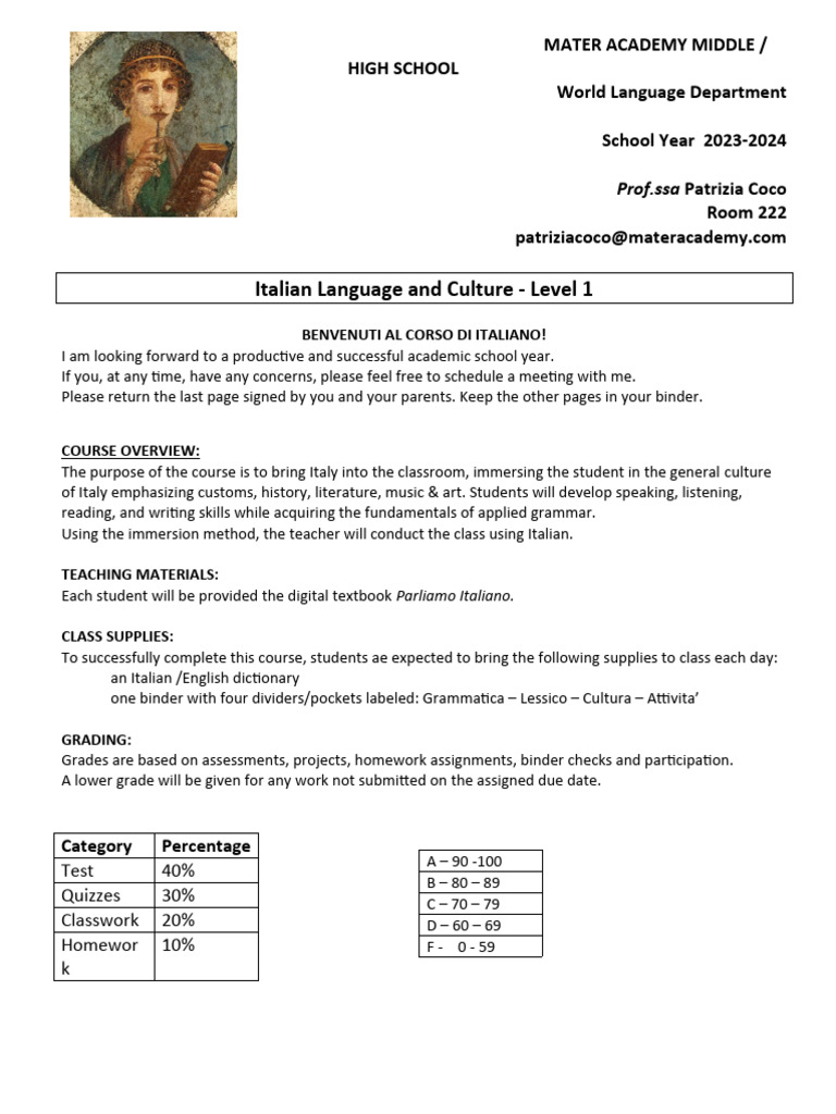 Italian Level 1 Syllabus 2023 2024 | PDF | Homework | Human Communication