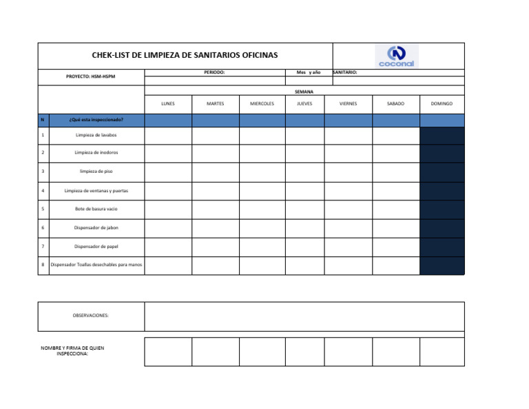 Check List Limpieza de Sanitarios | PDF Check List Limpieza de Sanitarios | PDF