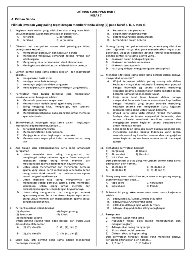 Latihan Soal PPKN Bab 5 Kelas 7 (Kerjasama) 2023 | PDF