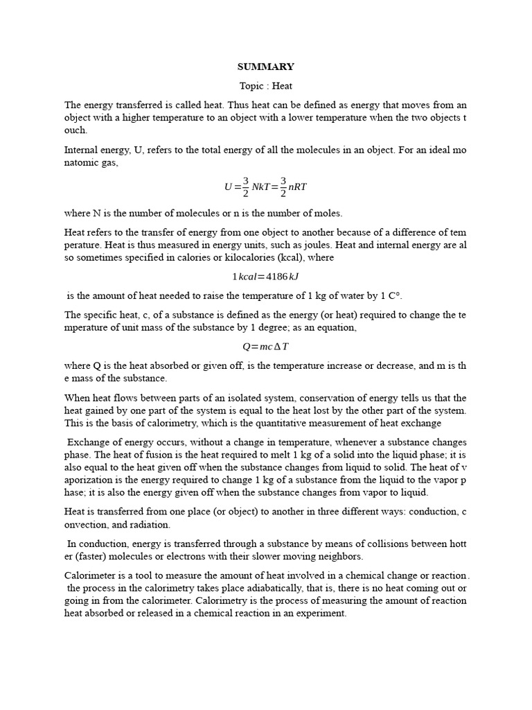 Summary Heat | PDF | Heat | Calorie
