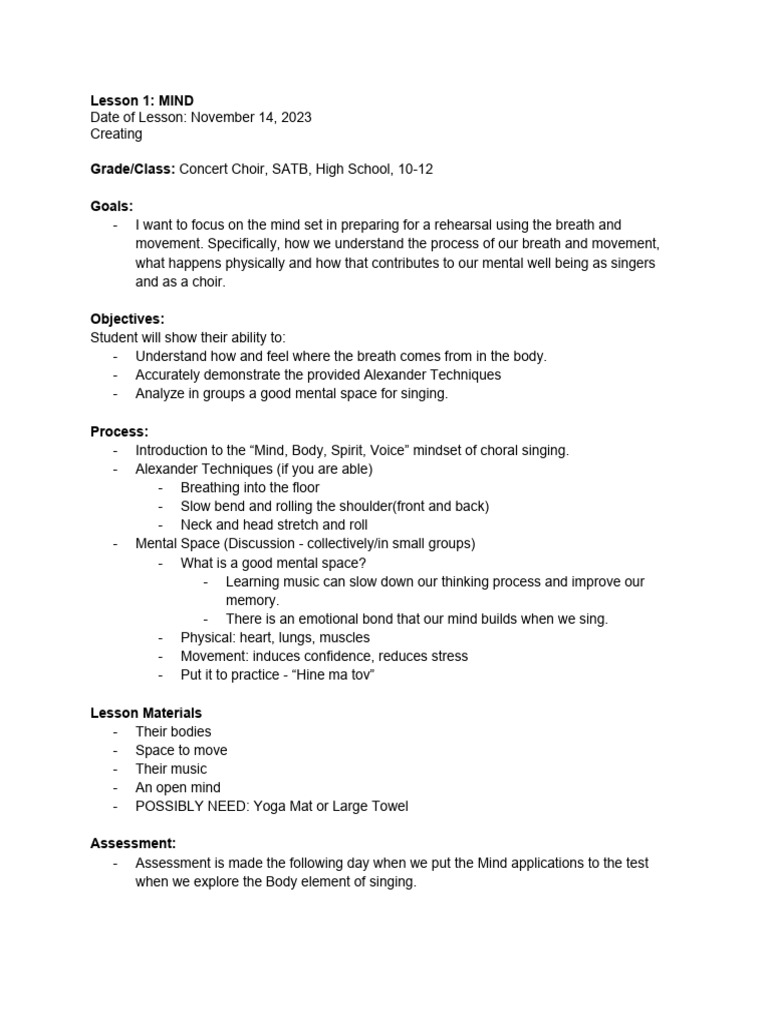 STP Lesson Plans | PDF | Singing | Mind