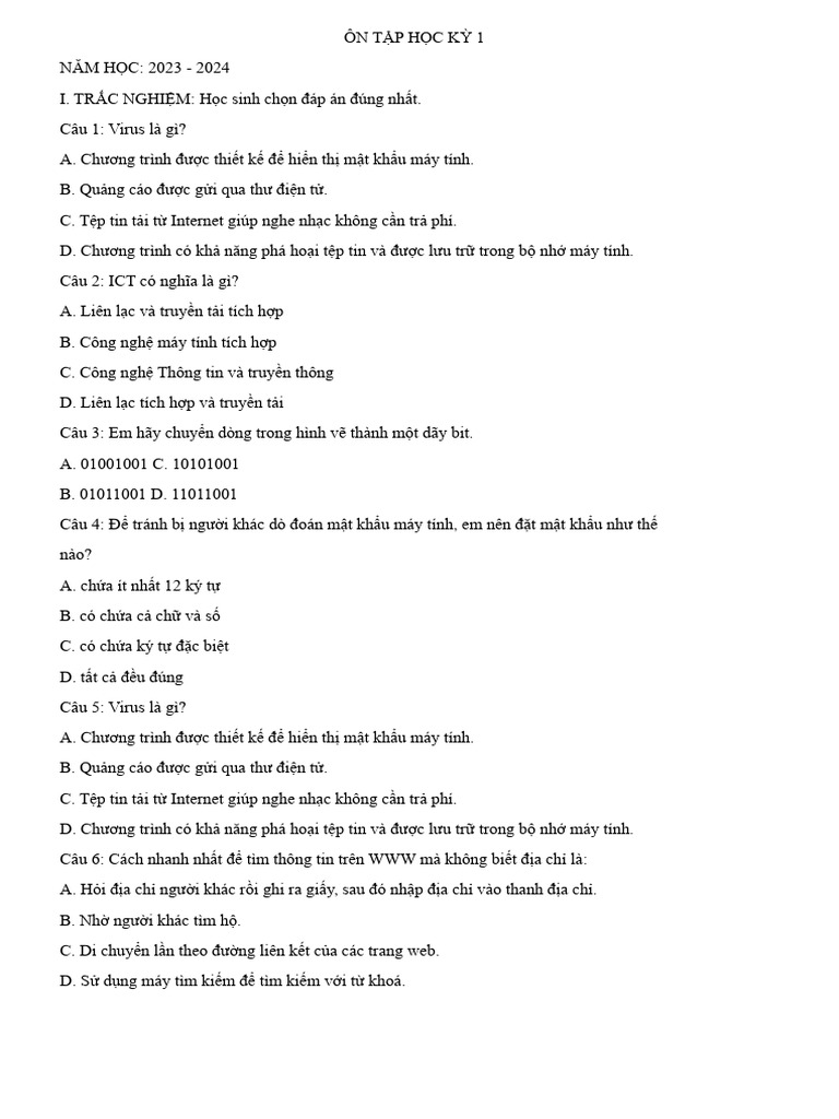 ÔN TẬP Hk1 môn Tin học 6 | PDF