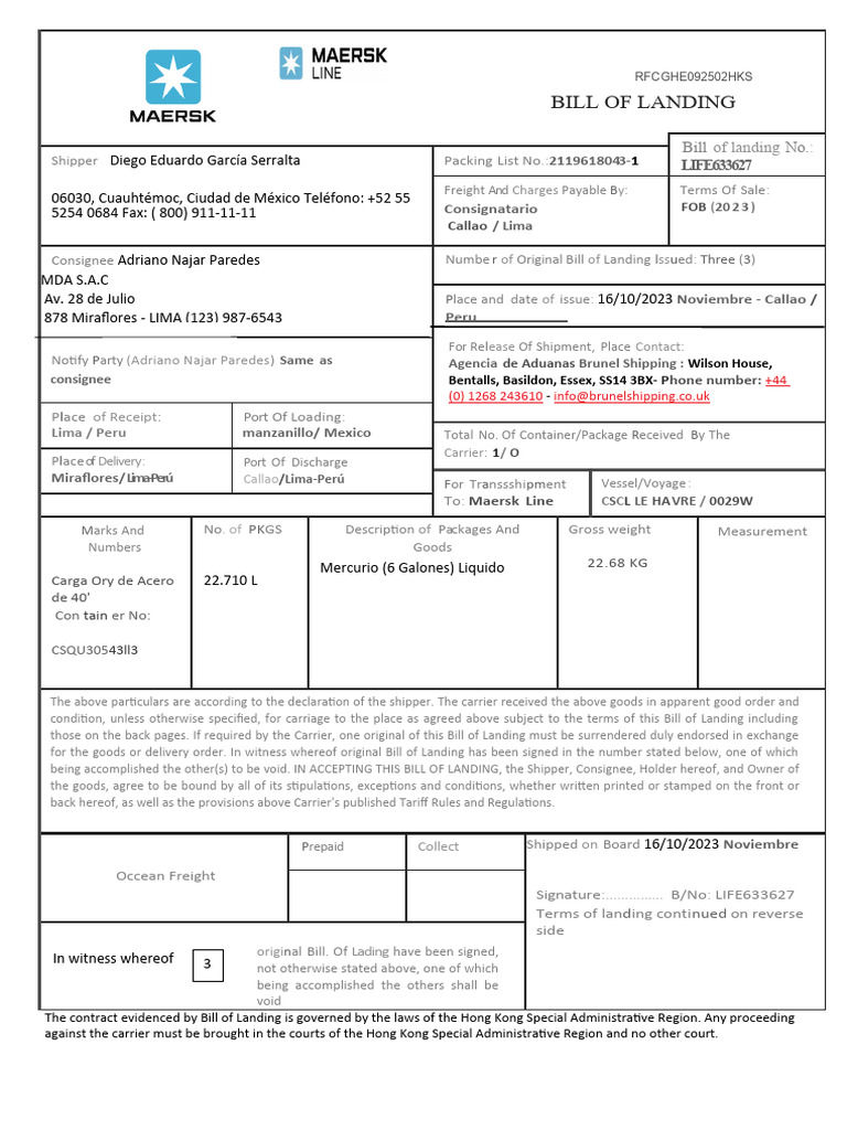 BL Aaa 3 Portuaria | PDF | Cargo | Consignee