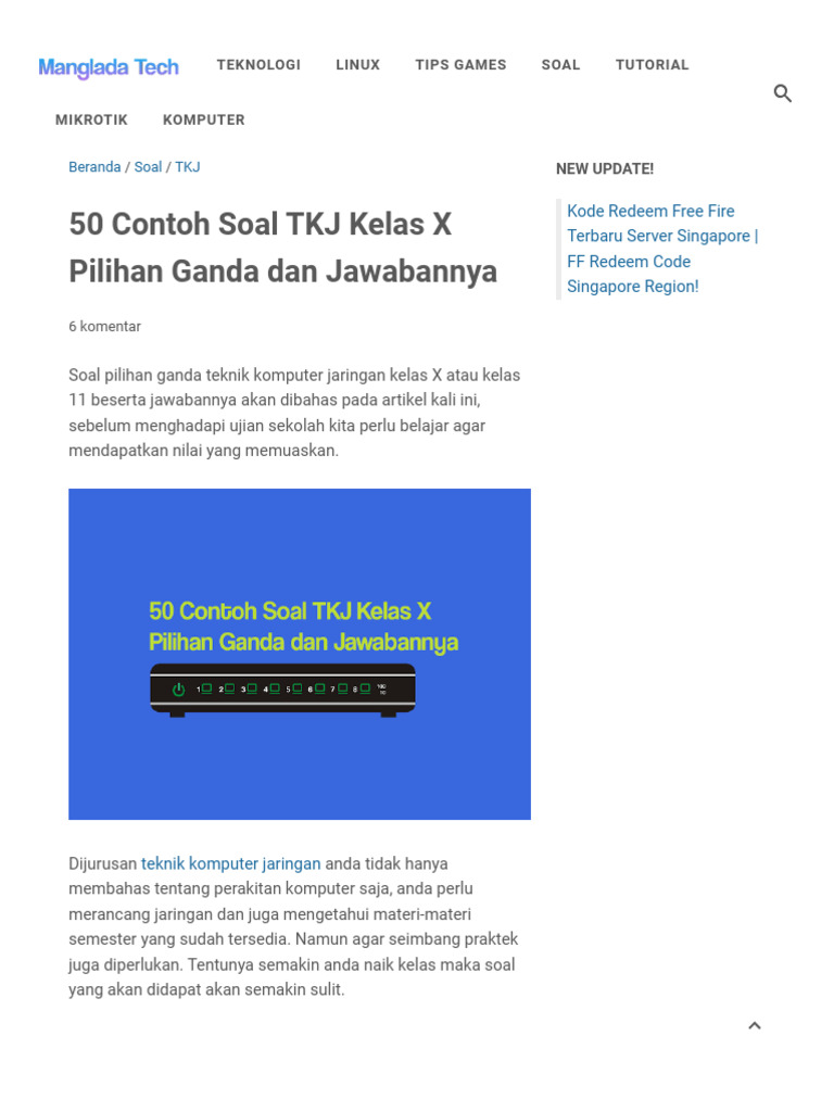 50 Contoh Soal TKJ Kelas X Pilihan Ganda Dan Jawabannya - Manglada Tech | PDF