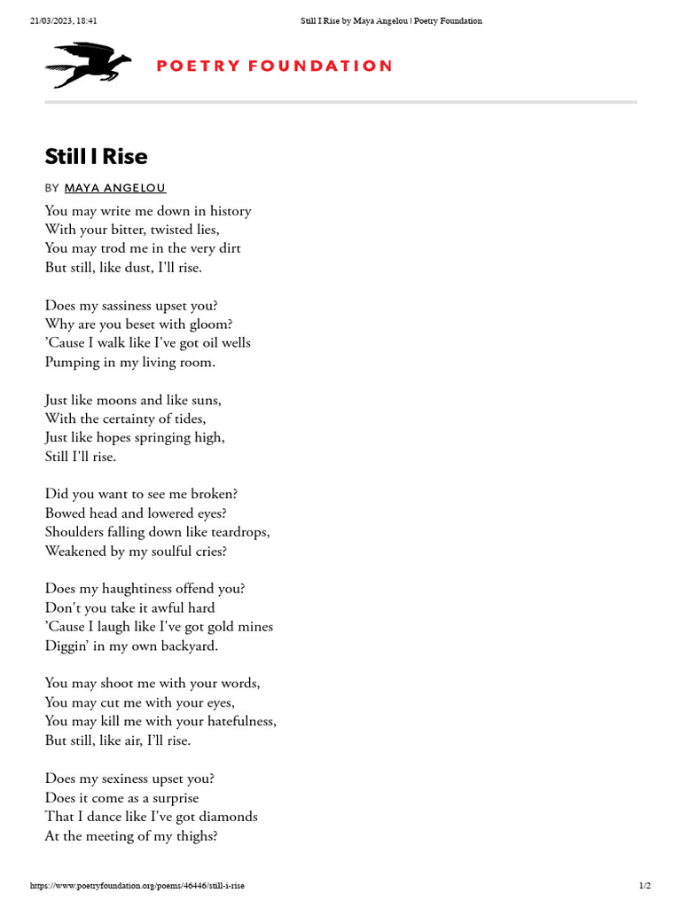 Still I Rise by Maya Angelou - Poetry Foundation | PDF | Poetry
