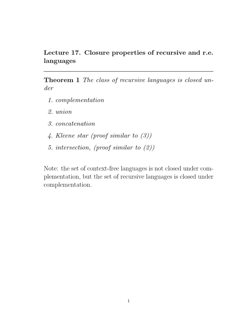 Lecture 17 Closure Properties Of Recursive And Re Languages Pdf Theoretical Computer