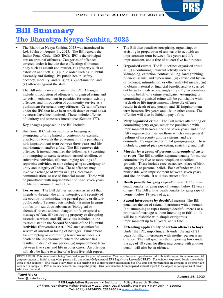 Bill Summary Bharatiya Nyaya Sanhita 2023 | PDF | Crimes | Crime & Violence