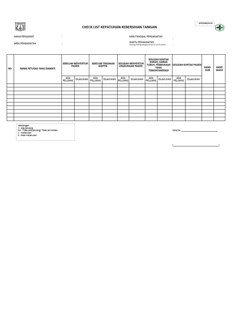 FORM PEMANTAUAN SKP 5 - ForM K3-05 Monitoring Kebersihan Tangan | PDF