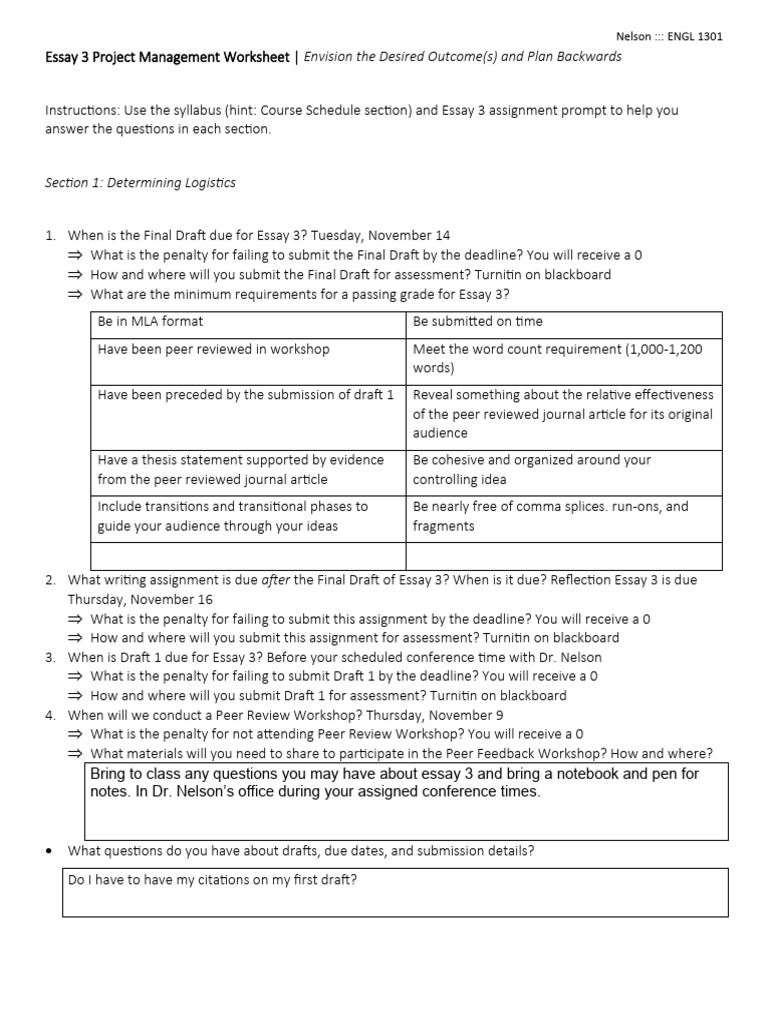 Essay 3 Project Worksheet 1301 | PDF | Essays | Peer Review