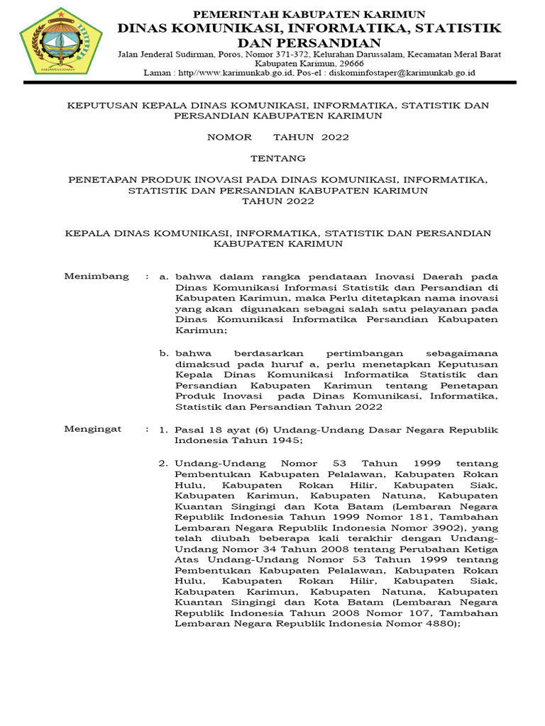 SK Penetapan Inovasi Kominfo 2022 | PDF