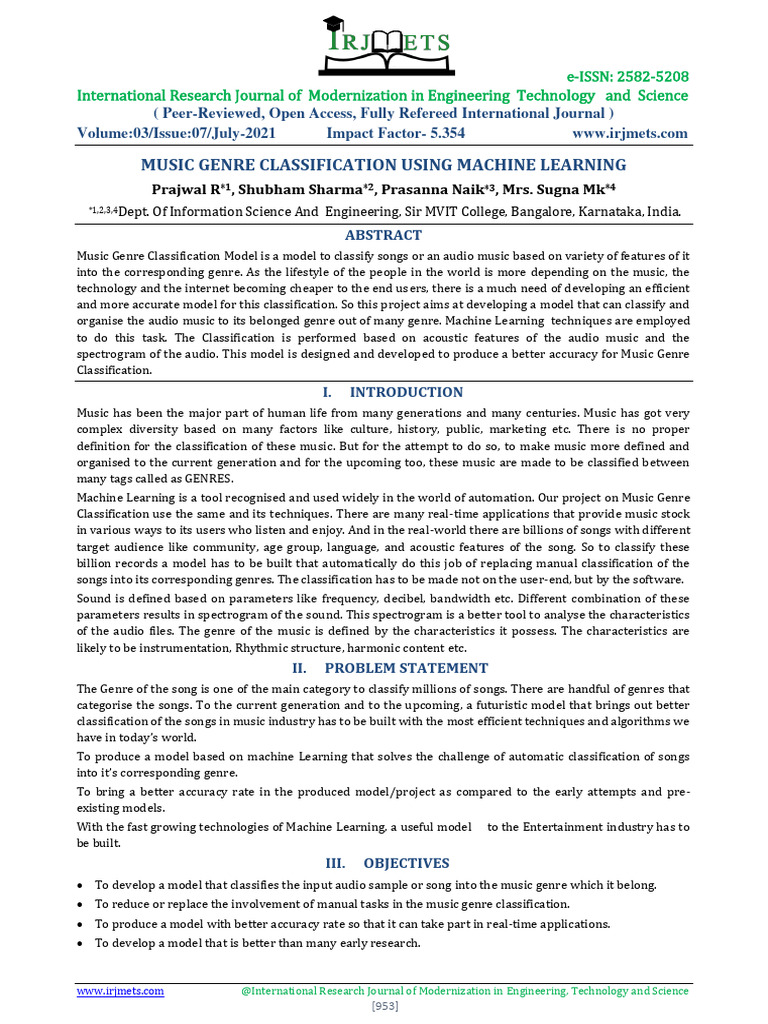 Music Genre Classification Using Machine Learning: Prajwal R, Shubham ...