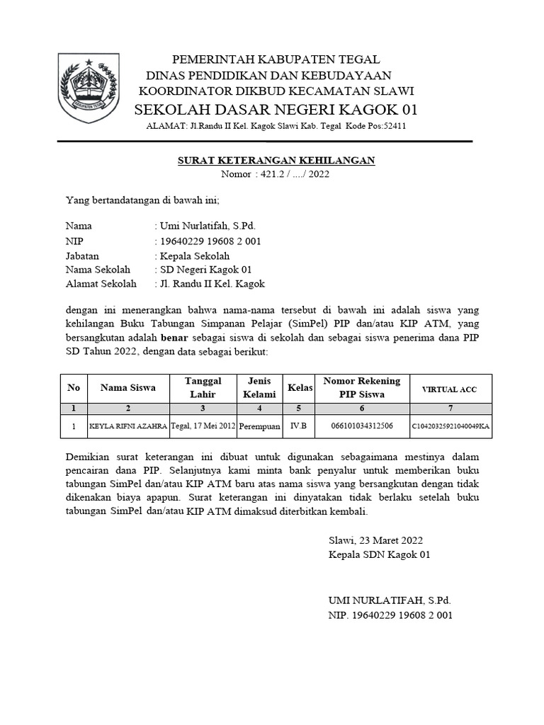 Contoh Surat Keterangan Kehilangan Buku Tabungan SimPel PIP | PDF Contoh Surat Keterangan Kehilangan Buku Tabungan SimPel PIP | PDF