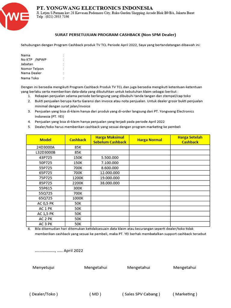 Surat Persetujuan Program Cashback Marketing Apr'22 (Non SPM Dealer ...