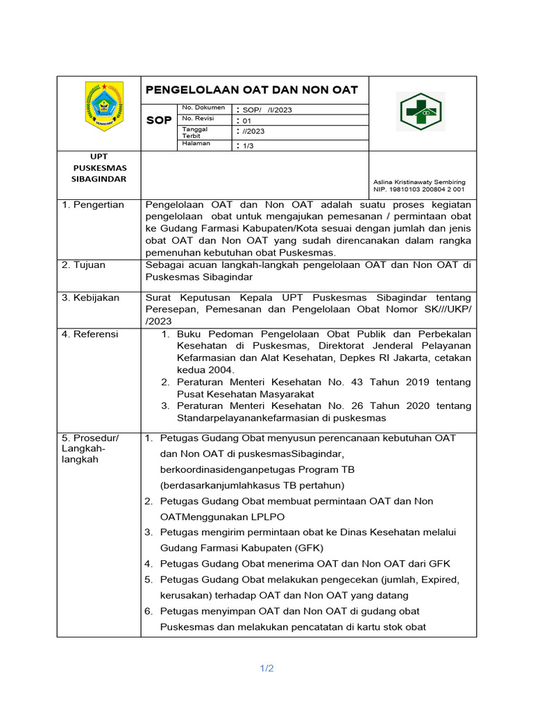 4.4.1.d.sop Pengelolaan Oat Dan Non Oat | PDF
