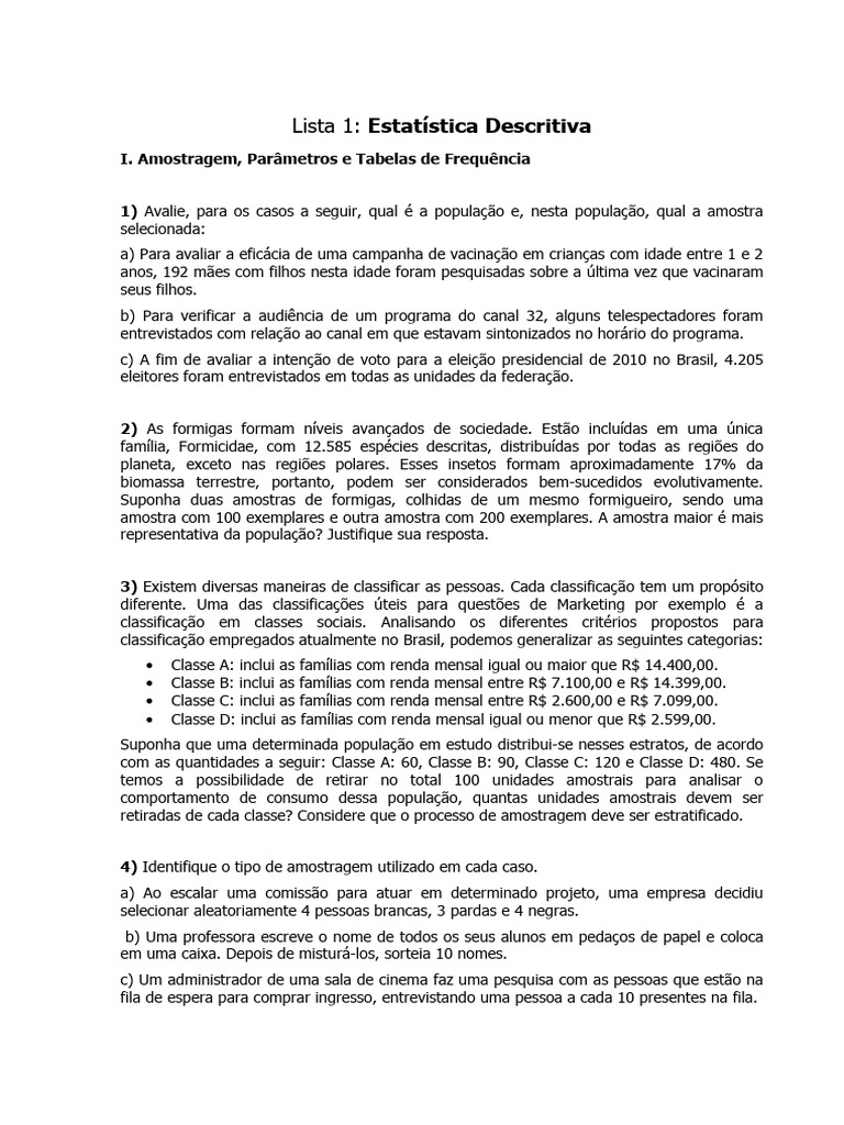 2021 - Exercícios - Aula 1 e 2 | PDF | Formiga | Amostragem (Estatística)