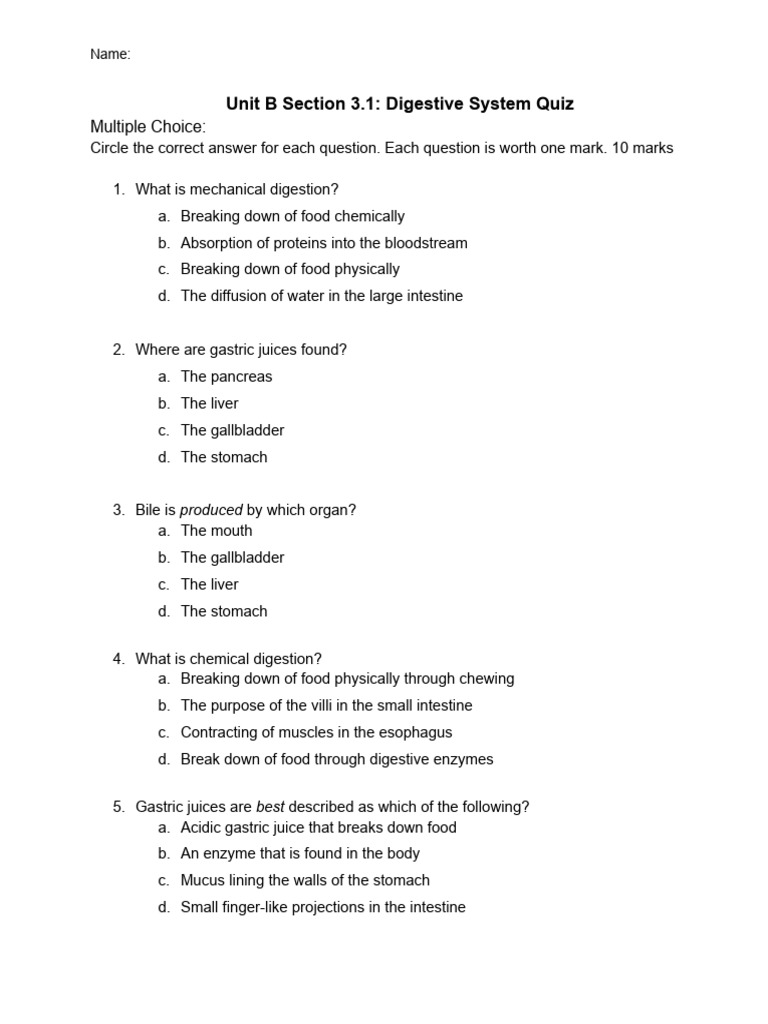 Digestive System Quiz | Download Free PDF | Digestion | Human Digestive ...