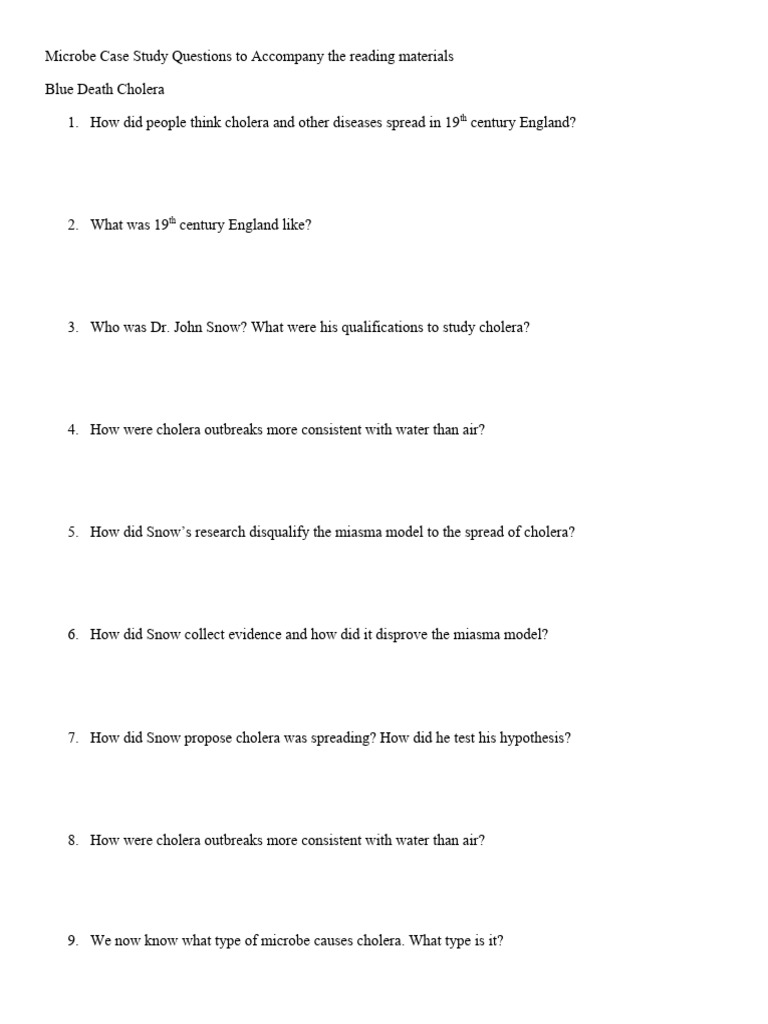 Cholera Case Study Questions To Accompany Blue Death Reading Material | PDF