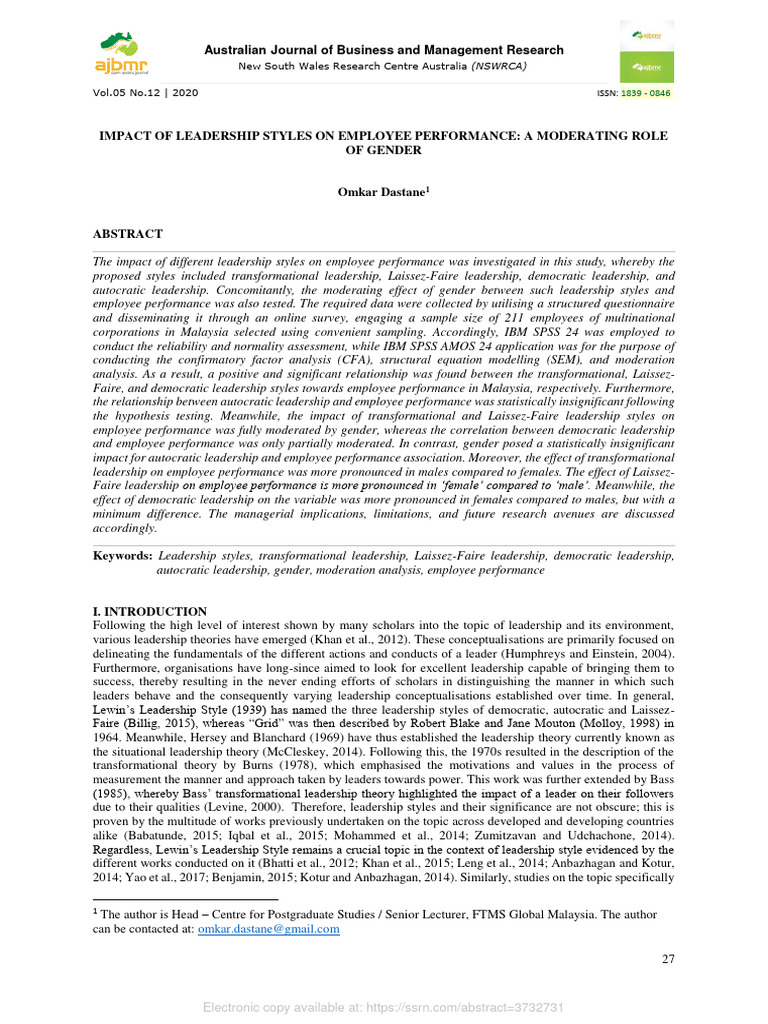 Impact of Leadership Styles On Employee Performance A Moderating Role | PDF | Leadership ...