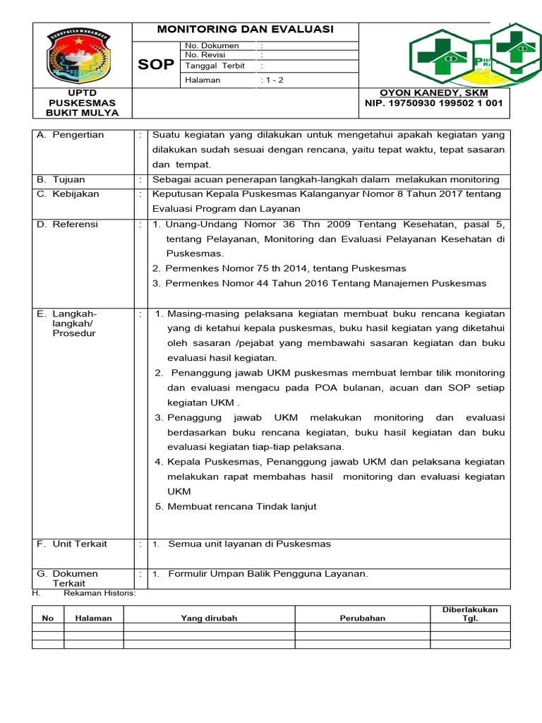 Sop Monitoring N Evaluasi Pkm... 1.61 | PDF | Bisnis