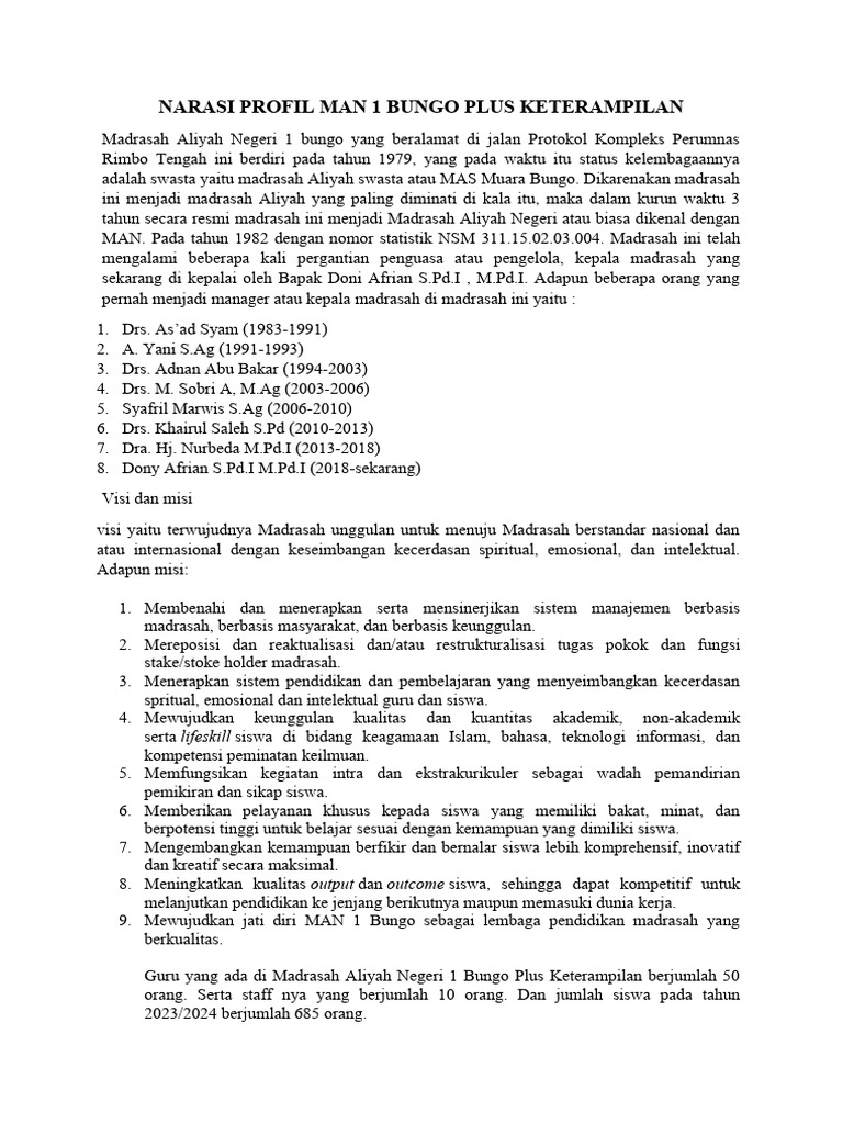 Narasi Profil Man 1 Bungo Plus Keterampilan | PDF | Perjalanan | Agama & Spiritualitas