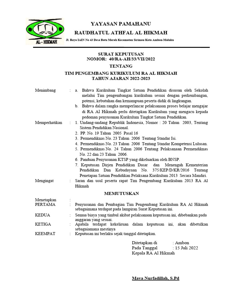 SK Tim Pengembang Kurikulum RA | PDF